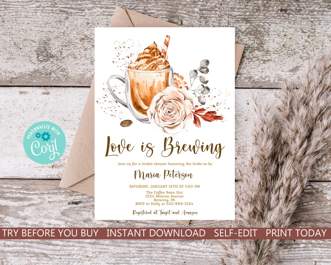 Love is Brewing Bridal Shower Invitation Template Coffee - Etsy