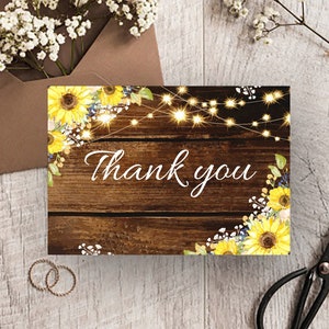 Rustic Country Sunflower Thank You Card Template Fairy Lights | Etsy