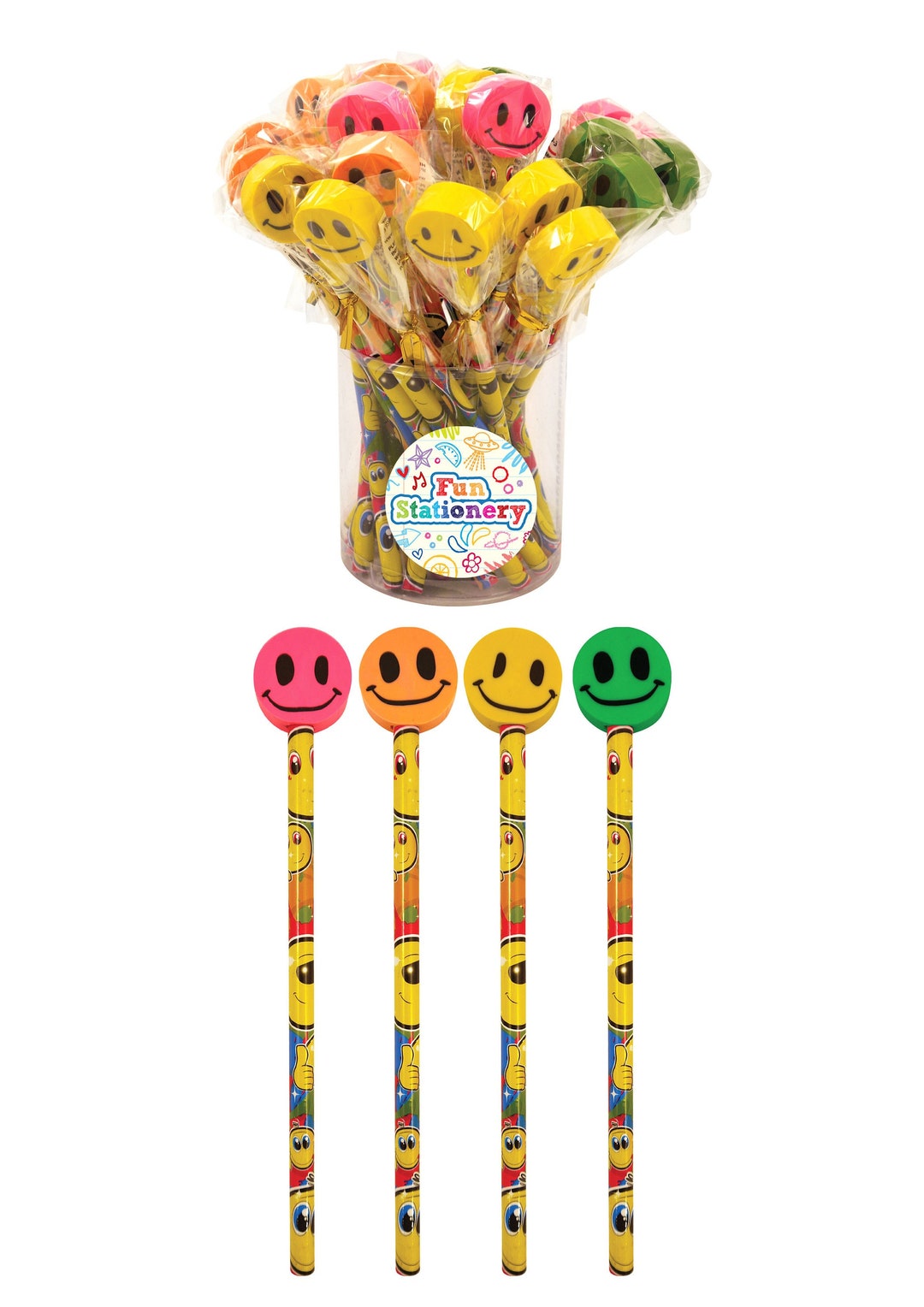Smile Face/emoji Pencils With Novelty Erasers Toppers - Party Bag ...