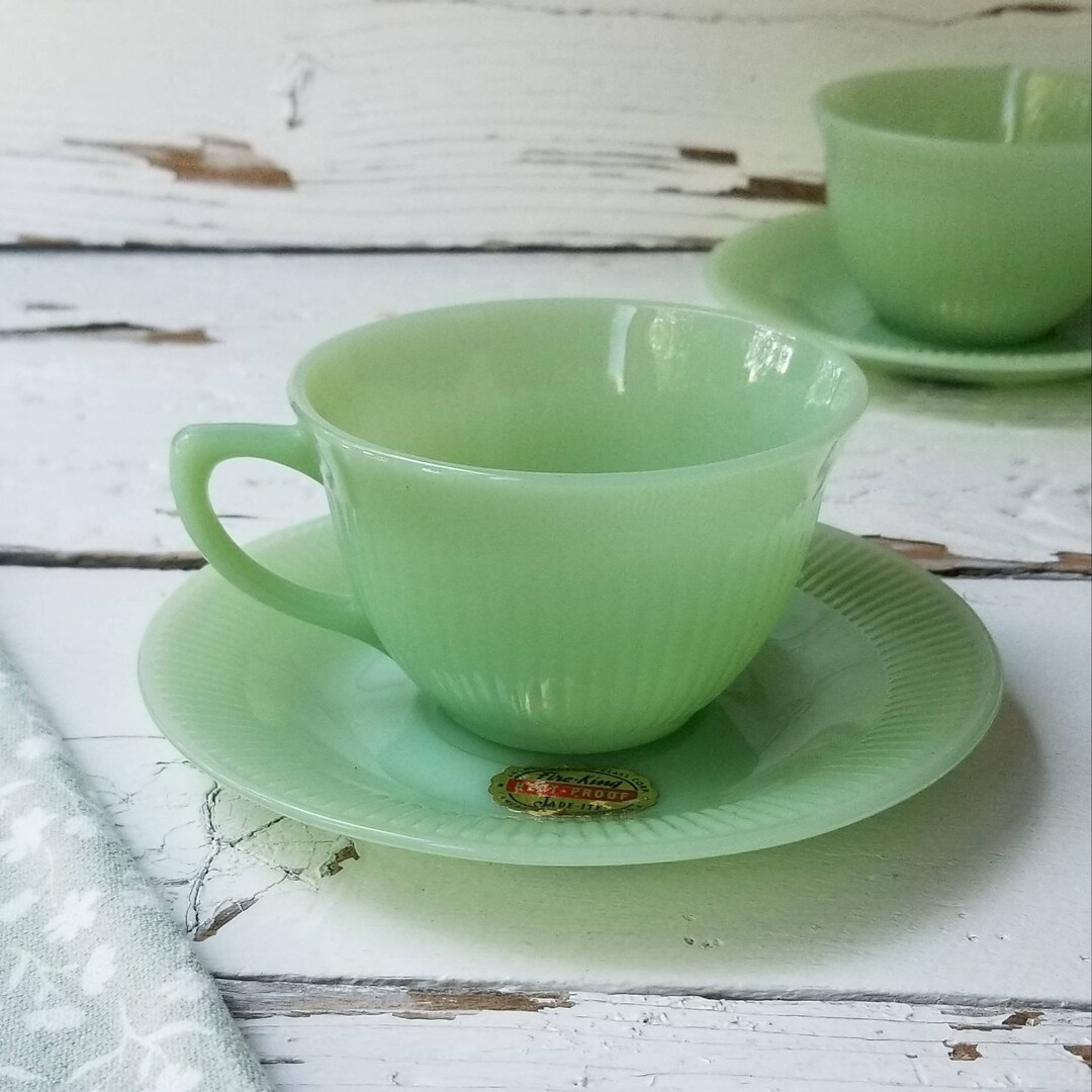 Jadeite Cup & Saucer Set - Vintage Fire King Jane Ray Tea Coffee Cup ...