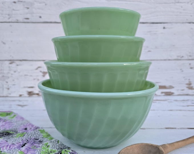 Jadeite Fire King Swirl Mixing Bowl Set - Vintage Jadeite Swirl Mixing Bowls - Green Milk Glass ...