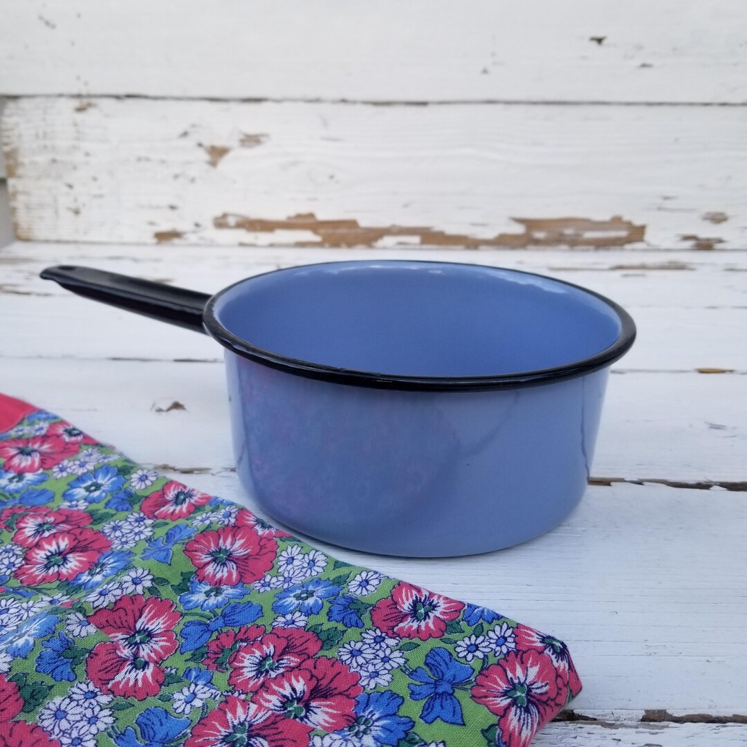 Enamelware Pan - Vintage Blue Enameled Saucepan With Black Handle ...