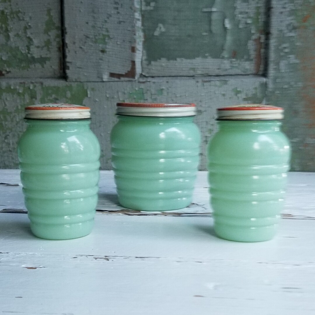 Jadeite Fire King Shakers & Grease Jar With Tulip Lids - Etsy