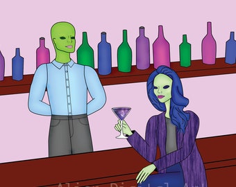 Alien Fashion Illustration / Outer Space Decor /alien Art/ Green Alien ...