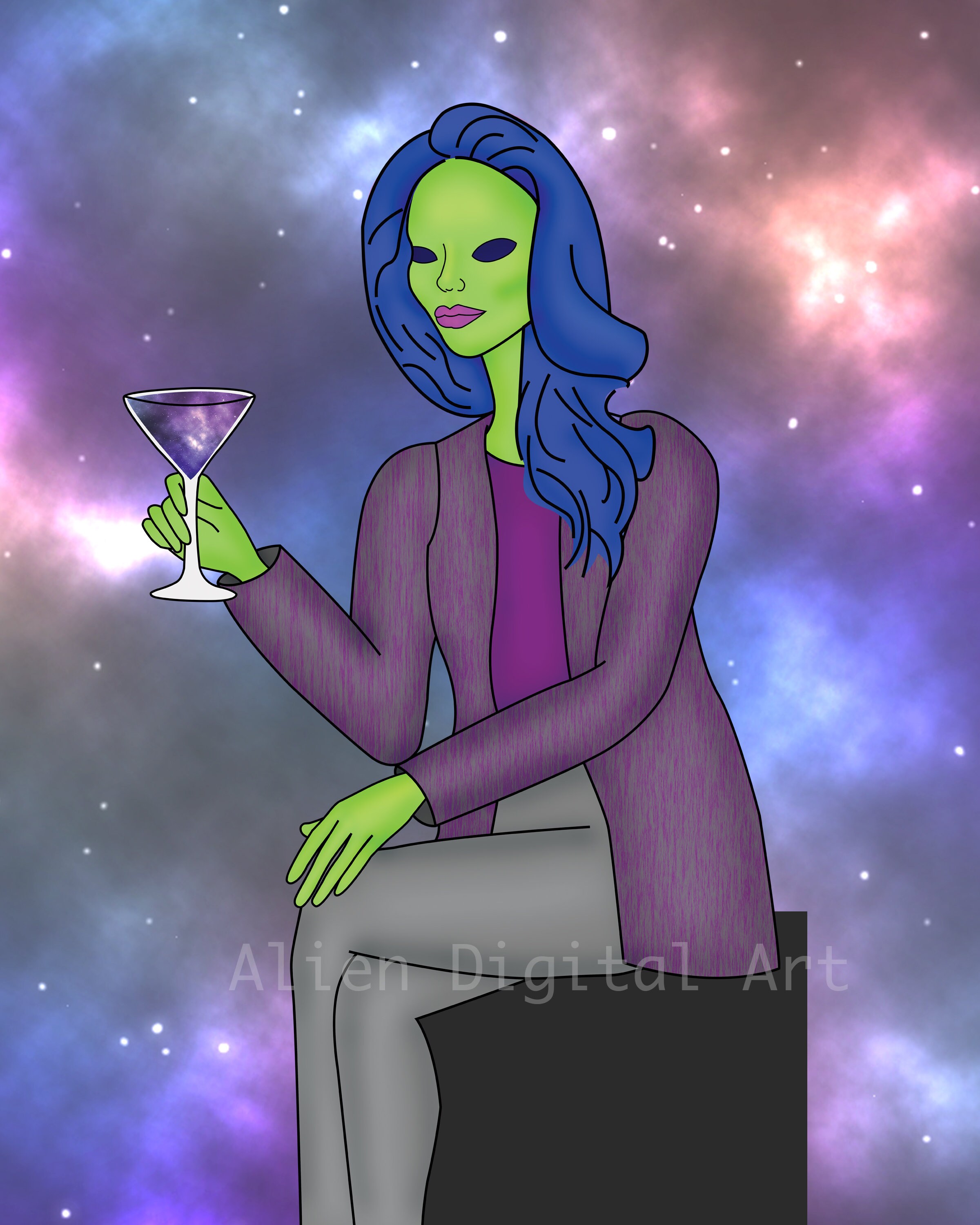 Alien Fashion Illustration / Outer Space Decor /alien Art/ Green Alien ...