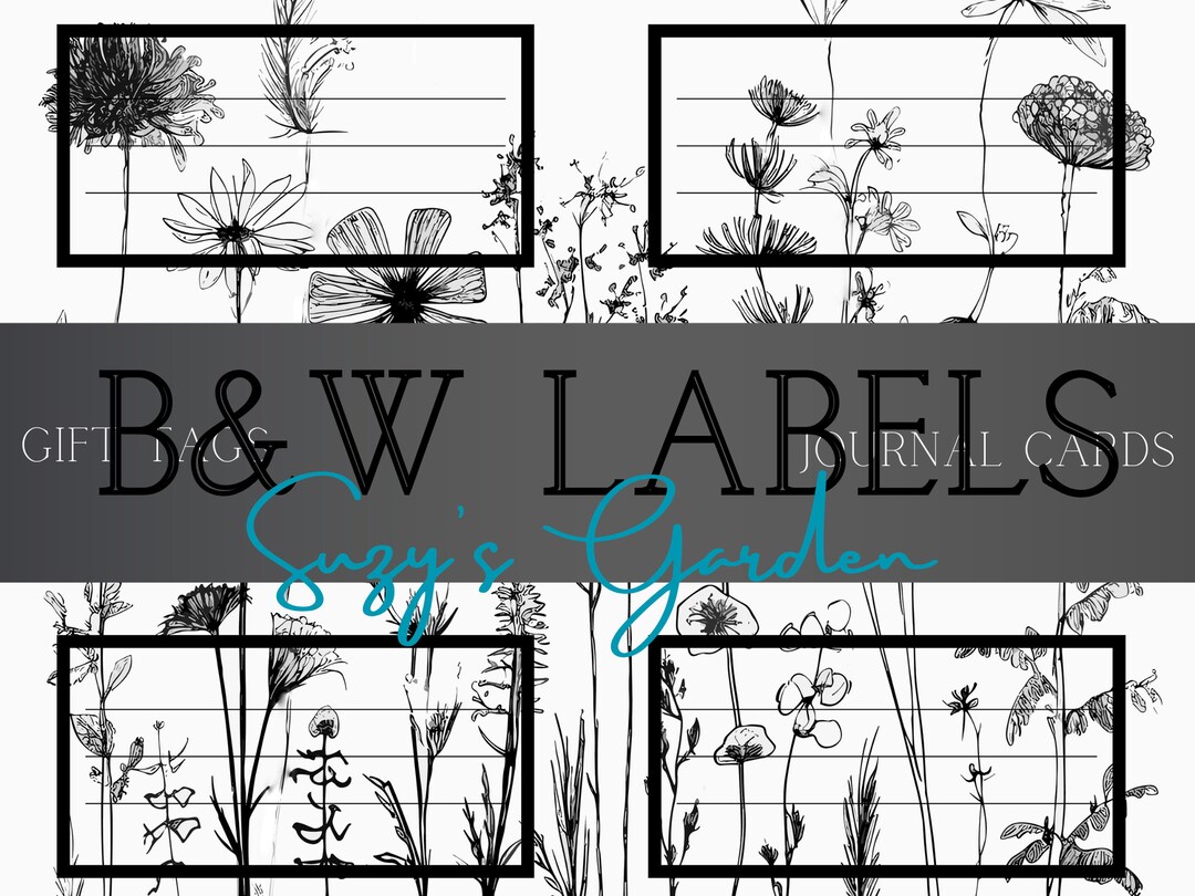 B&W Wildflower Printable Digital Kit - Labels, Gift Tags, Journal Cards ...