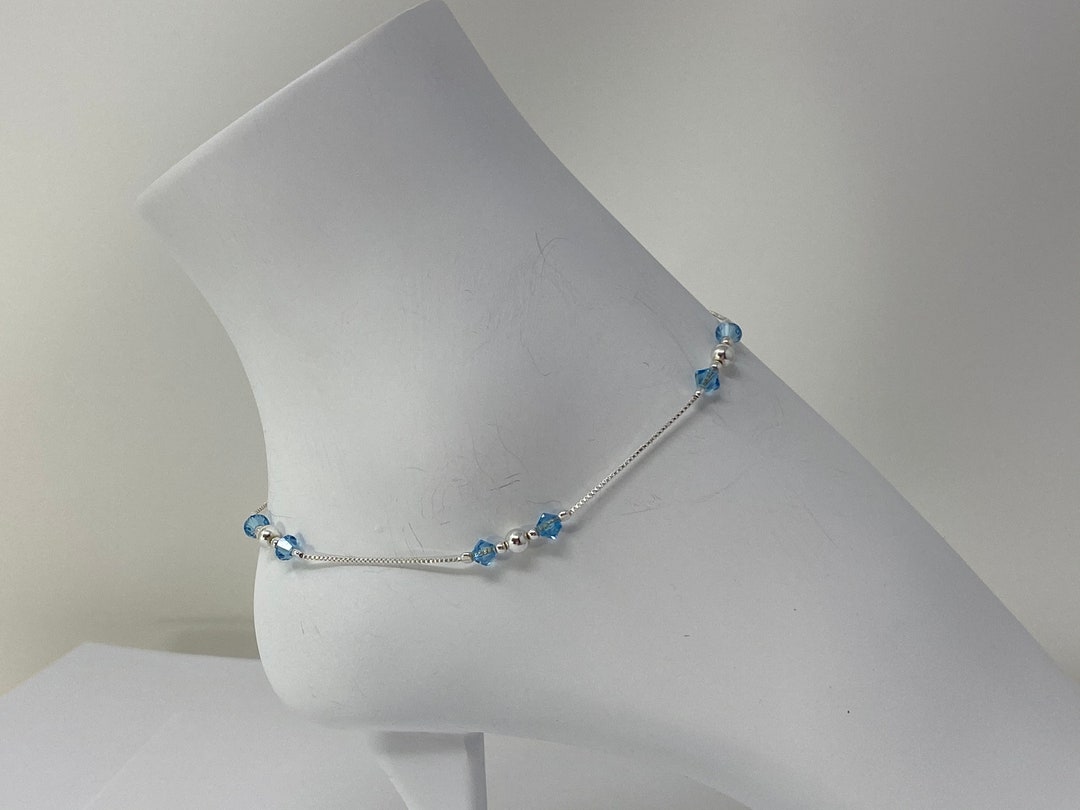925 Sterling Silver Anklet, Box Chain 4 Mm Diamond Light Blue ...