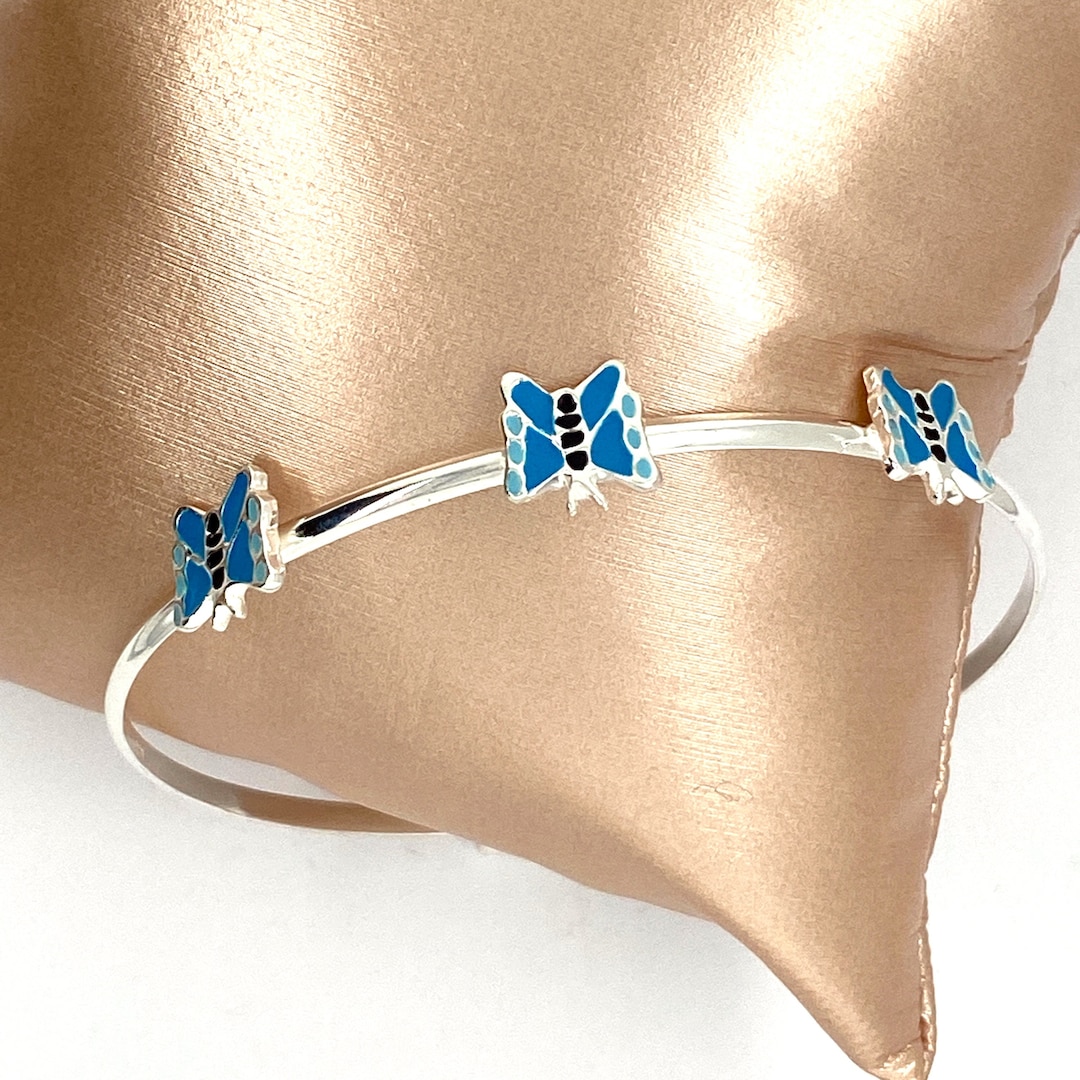 925 Sterling Silver Adjustable Baby Bangle With Blue Enamel Butterfly ...