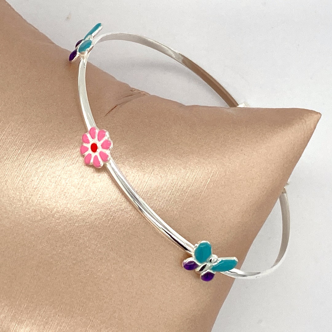 925 Sterling Silver Adjustable Baby Bangle With Butterfly-flower Enamel ...