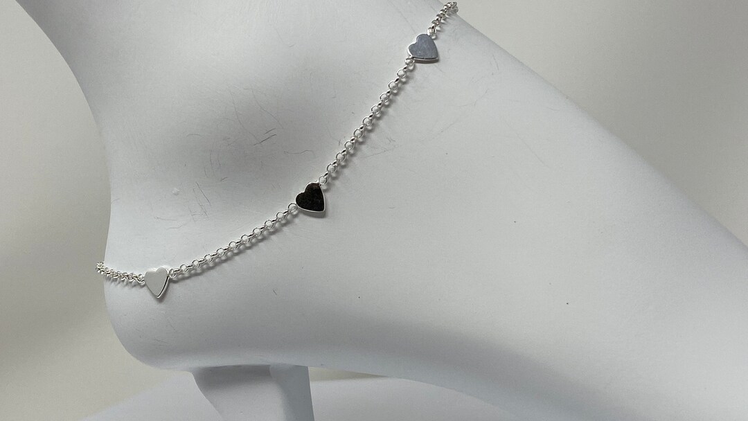 925 Sterling Silver Anklet, Heart Anklet, Heart Stationed Adjustable ...