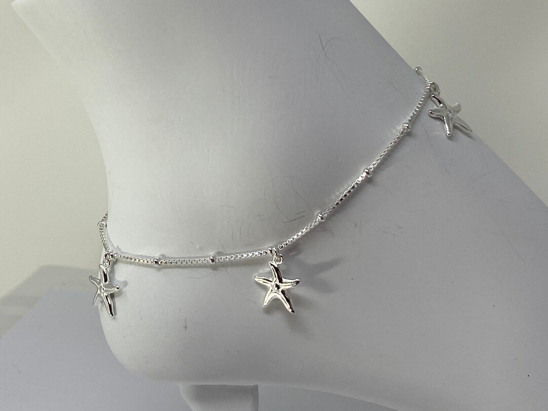 925 Sterling Silver Anklet, Starfish Dangling Anklet, Adjustable ...