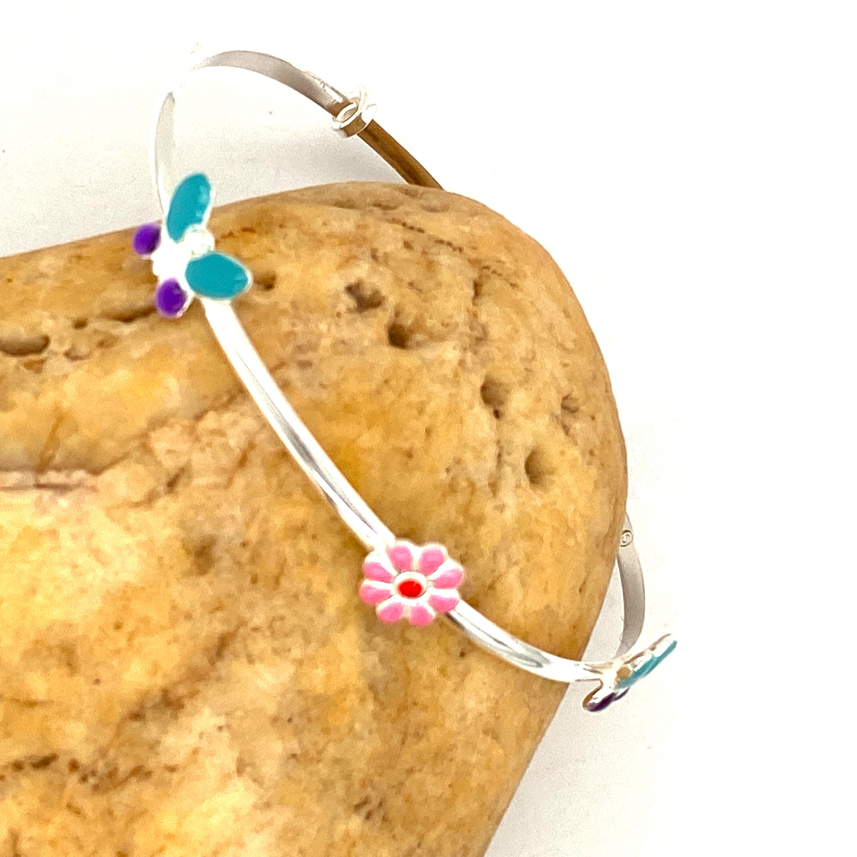 925 Sterling Silver Adjustable Baby Bangle With Butterfly-flower Enamel ...
