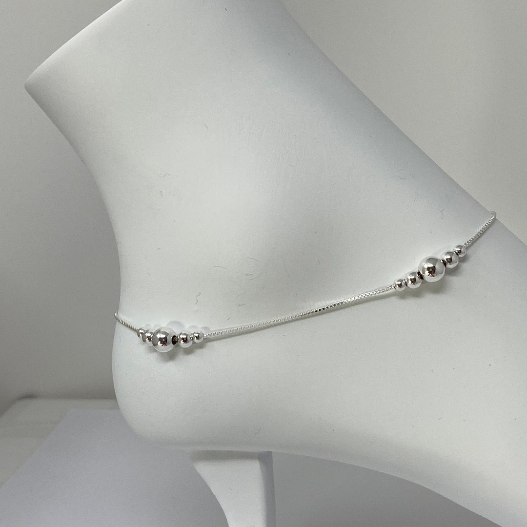 925 Sterling Silver Anklet, Graduated Stationed Bead Box Chain 925 ...