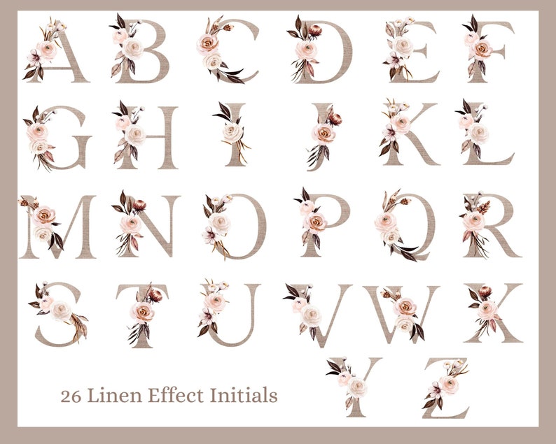 Instant Download, PNG, Linen Effect Floral Initials, Floral Alphabet ...