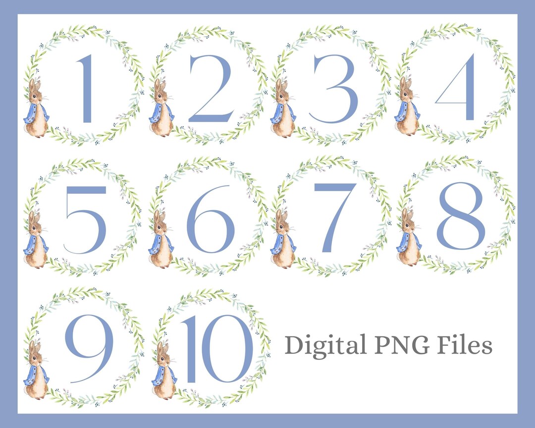 Instant PNG Download, Peter Rabbit, Blue Botanical Wreath, Numbers 1 10 ...