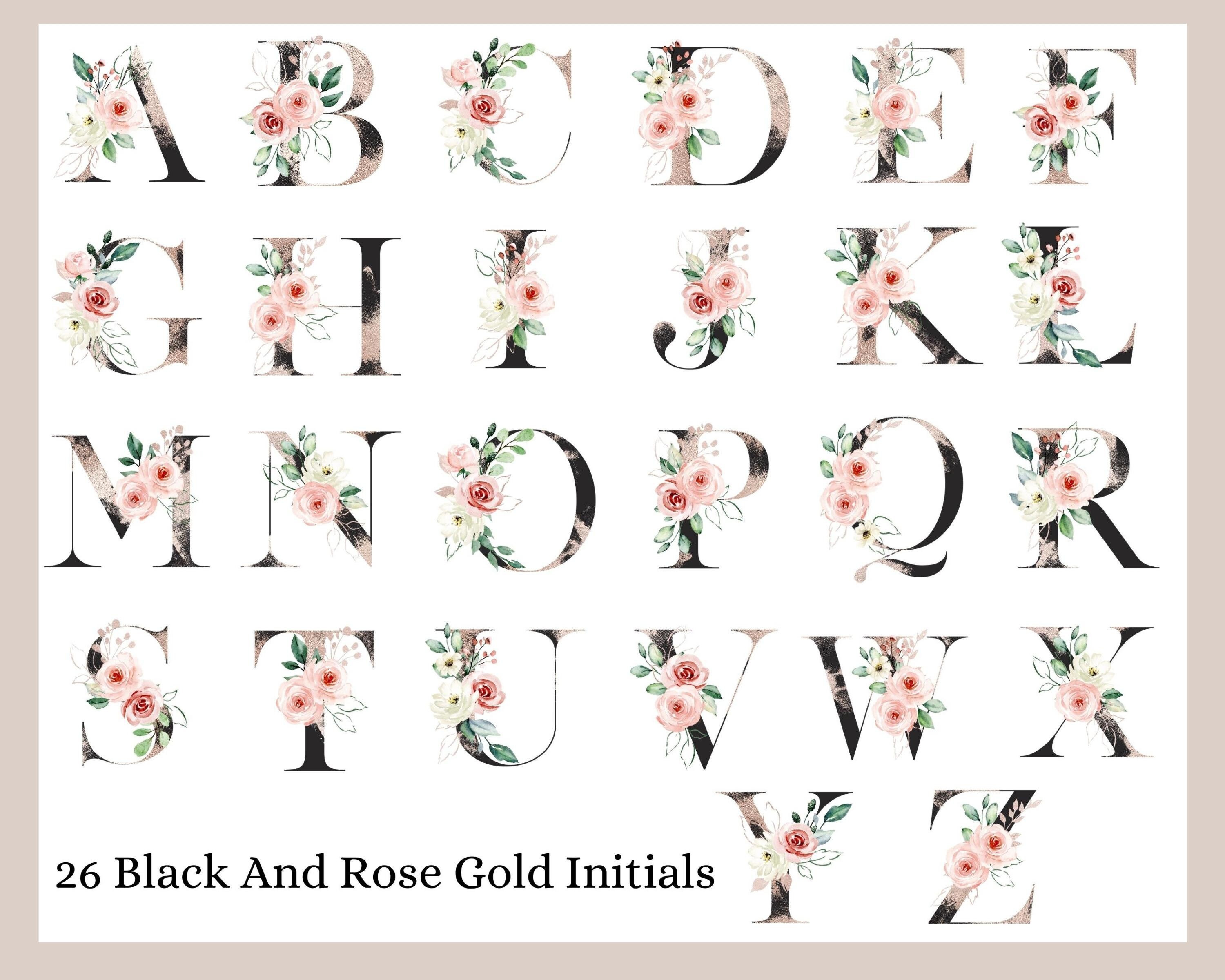 Instant Download, PNG, Black and Rose Gold Floral Alphabet, Watercolour ...