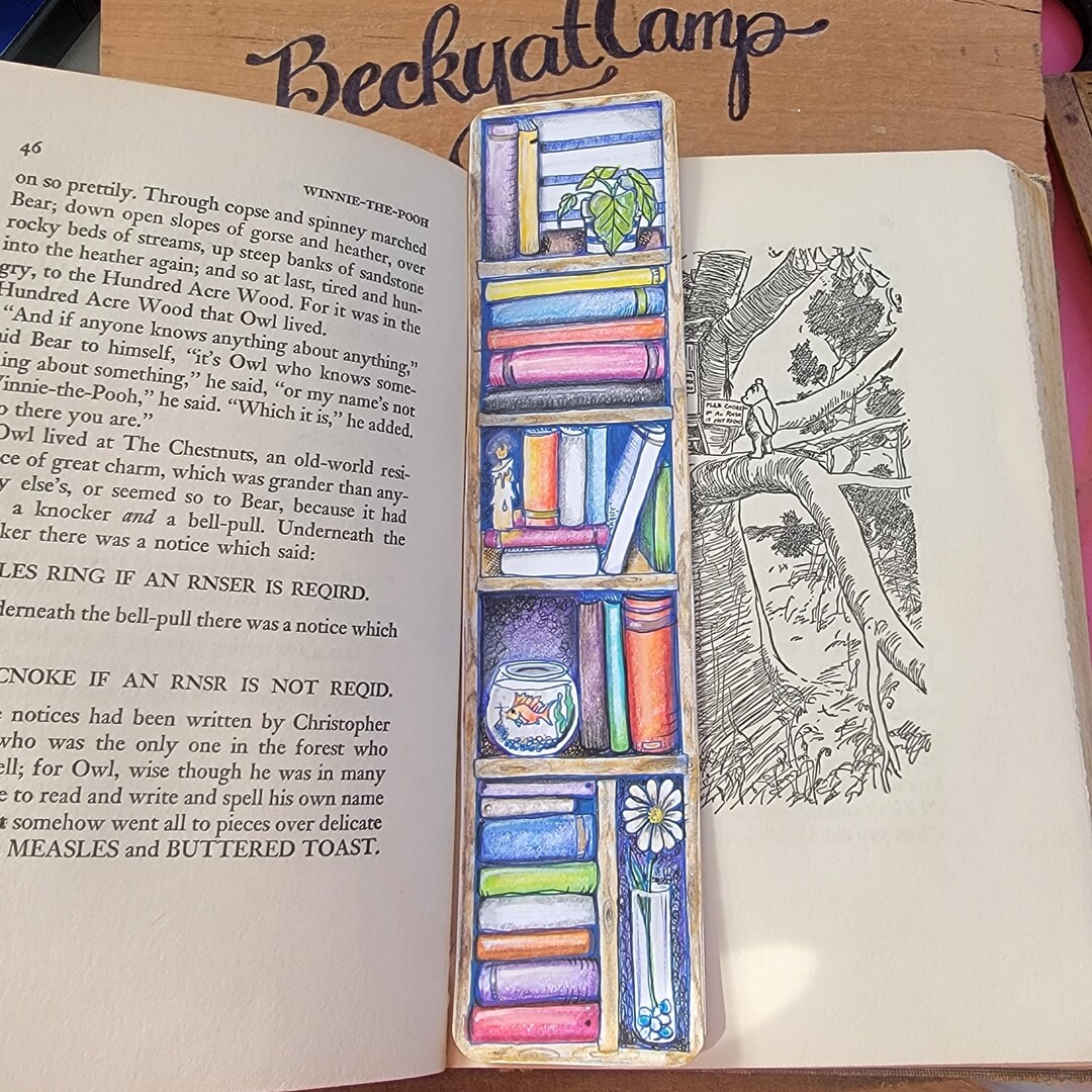 Original Bookshelf Bookmark, Hand Colored, Embellished With Gold Foil ...