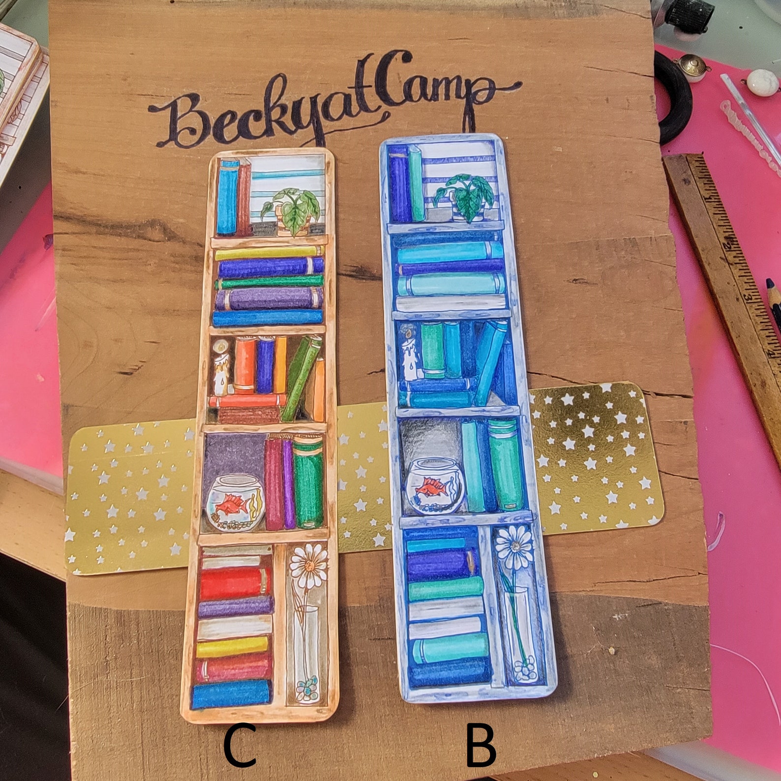 Original Bookshelf Bookmark Hand Colored Embellished With - Etsy