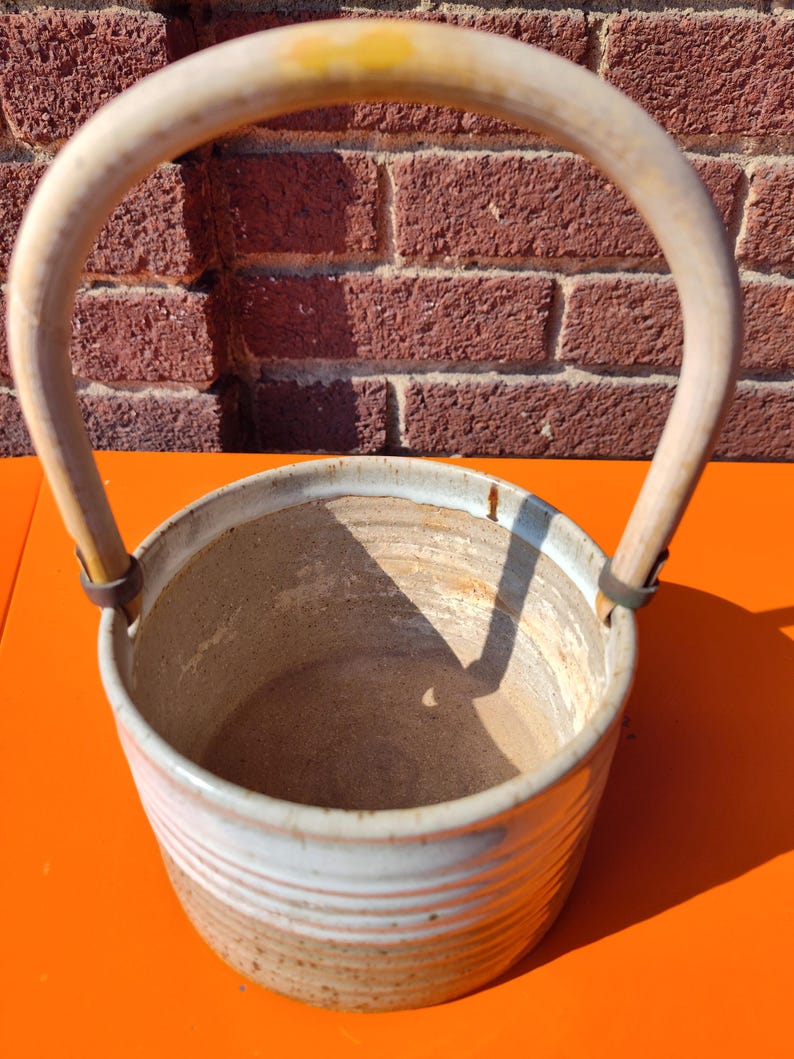 VINTAGE Stoneware Porcelain Pail Bucket Pail Wooden Handle Collectible ...