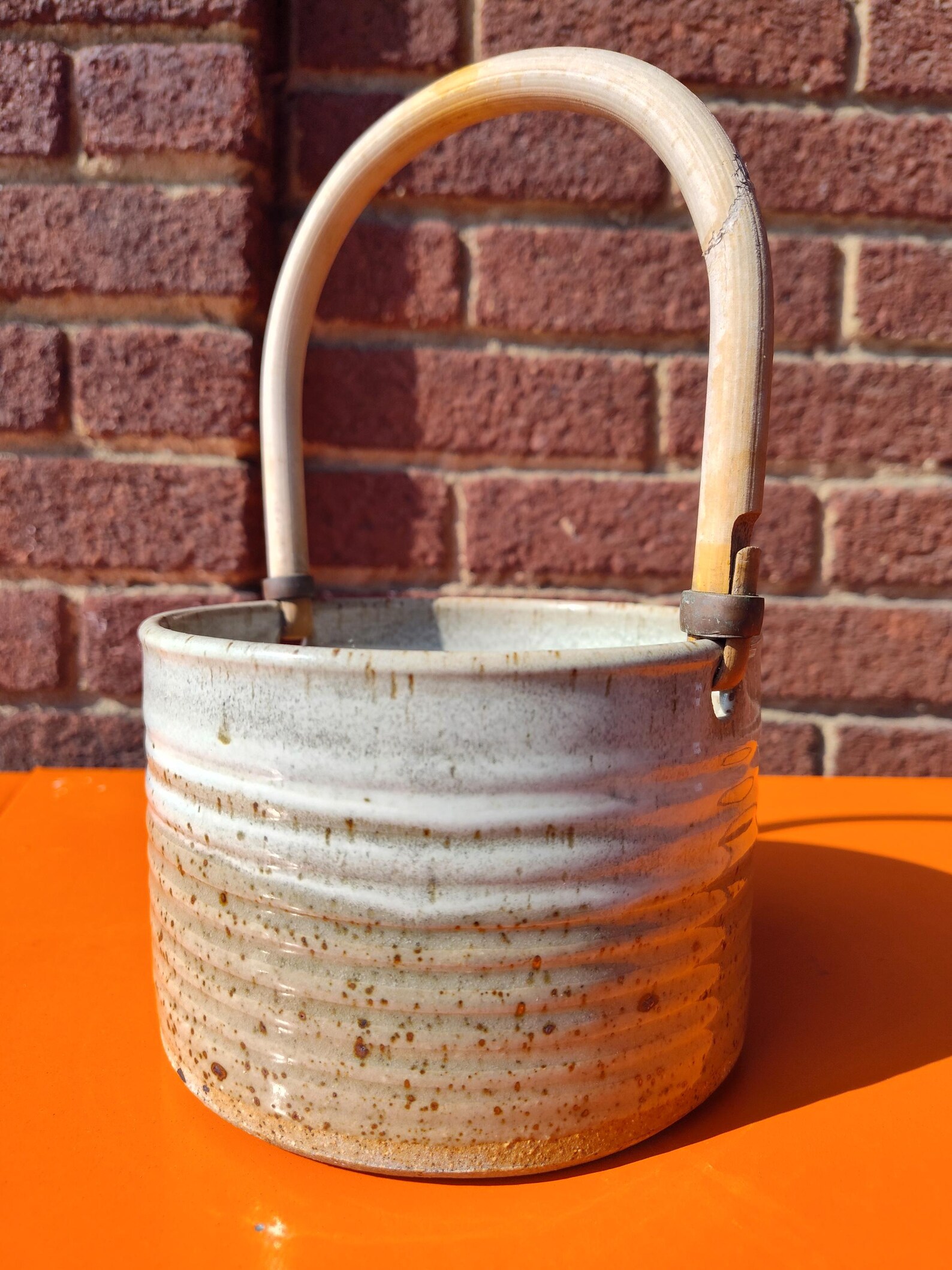 VINTAGE Stoneware Porcelain Pail Bucket Pail Wooden Handle Collectible ...