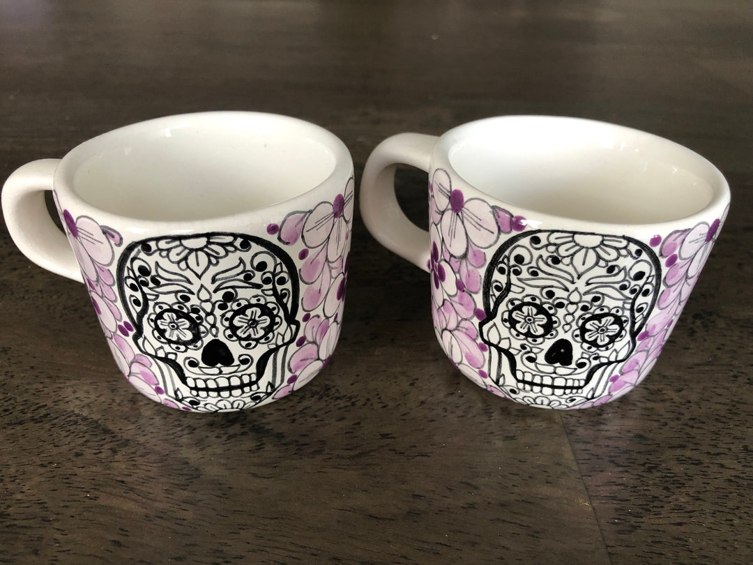 Floral Calavera Espresso Shot Mugs SET OF 2 PIECES Mexican Ceramic Hand ...