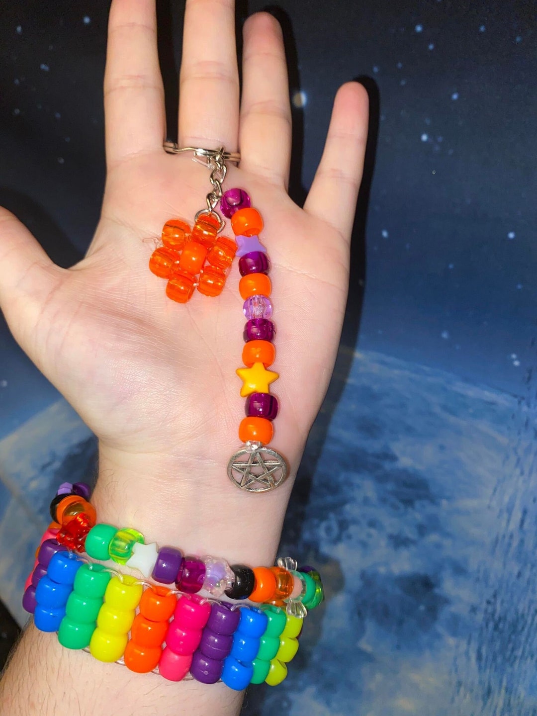 Witchy Beaded Kandi Keychain Halloween Spooky Pentacle Orange Flower ...