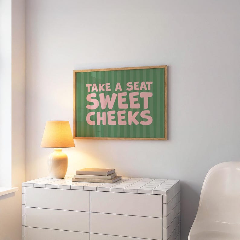 Take A Seat Sweet Cheeks Print, Funny Bathroom Art, Pink Green Stripes ...