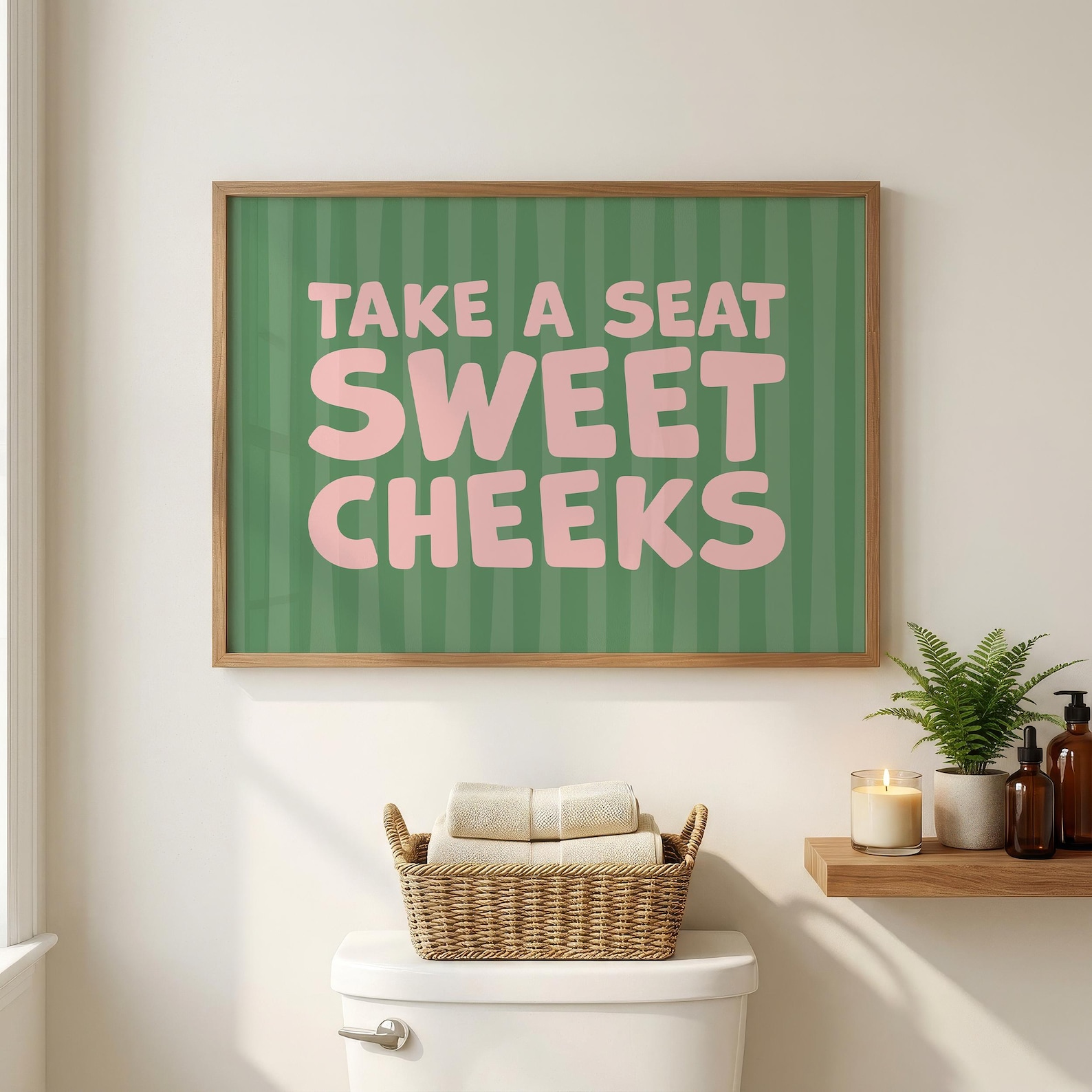 Take A Seat Sweet Cheeks Print, Funny Bathroom Art, Pink Green Stripes ...