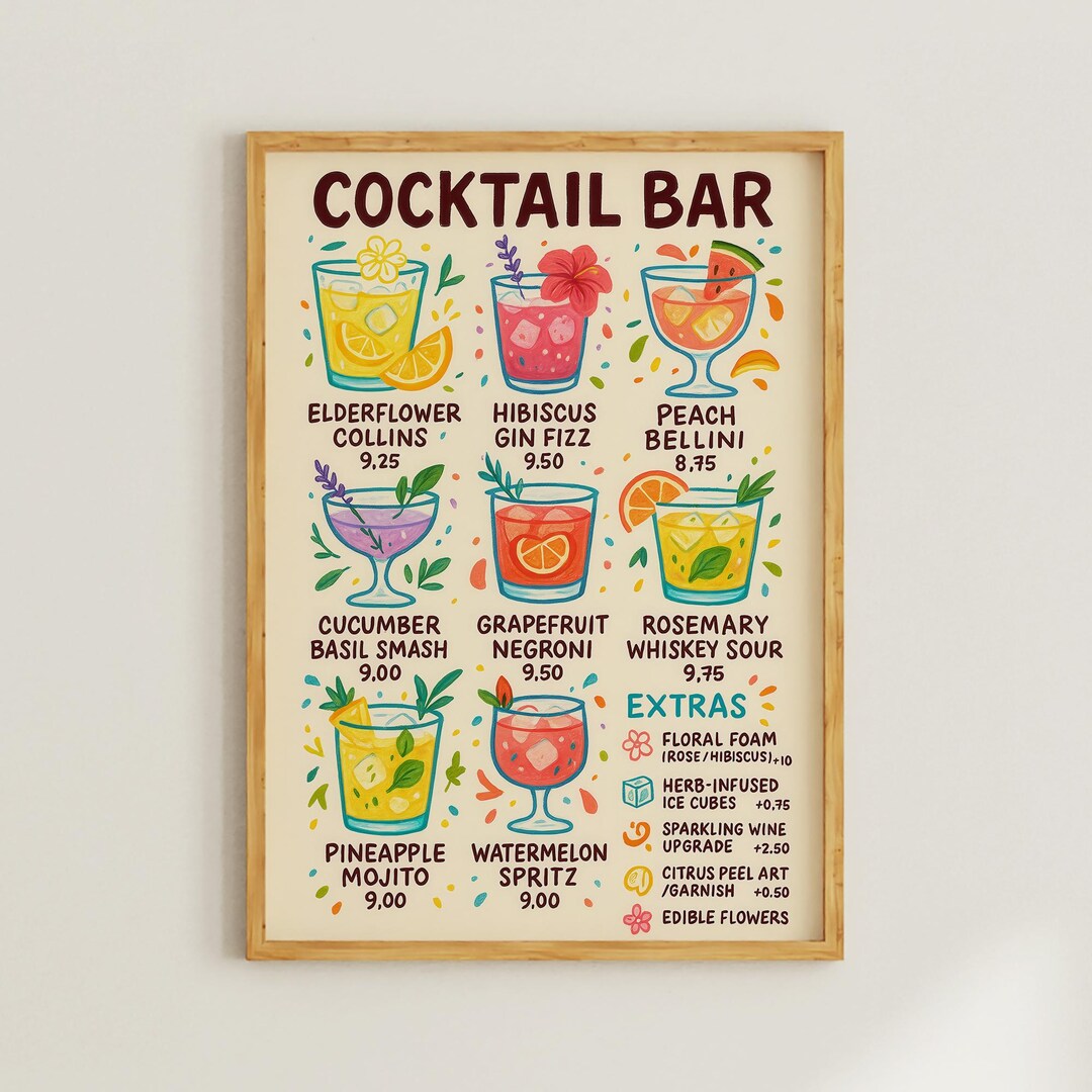 Tropical Cocktail Poster for Kitchen or Bar Cart Decor, Mixed Drinks ...