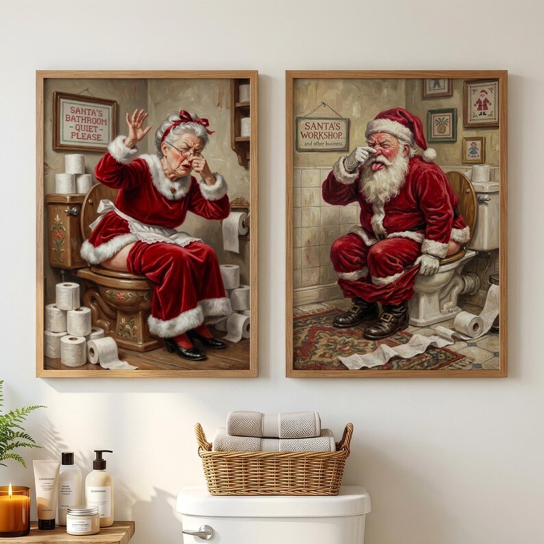 Funny Christmas Bathroom Decor, Santa Wall Art, Holiday Decor, Set of 2 ...