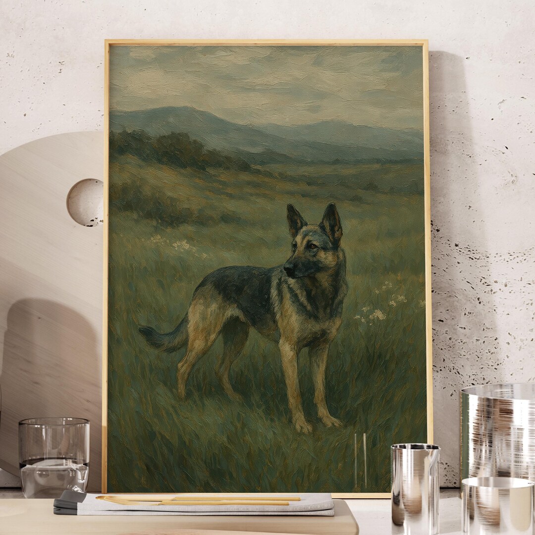 Vintage German Shepherd Painting: Rustic Farmhouse Dog Art (digital ...
