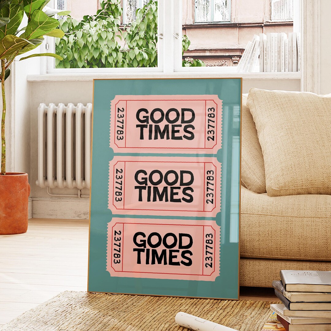 Good Times Ticket Print: Retro Wall Art, Pink and Blue, Digital ...