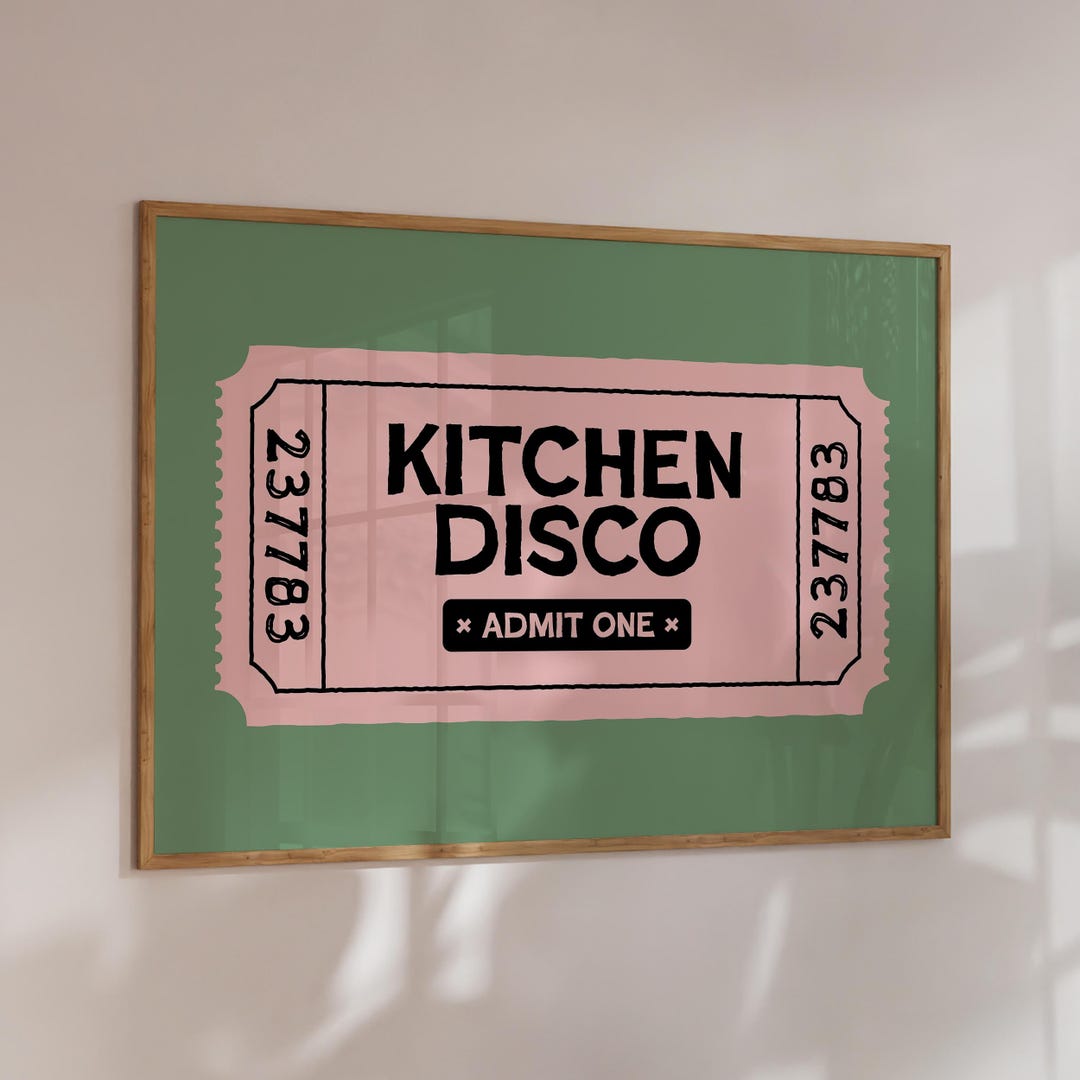 Retro Kitchen Print: Kitchen Disco Ticket Poster, Sage Green and Pink ...