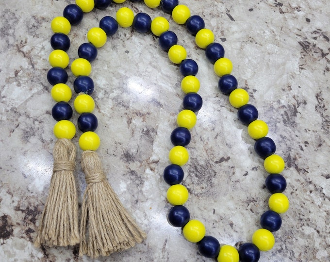 University of Michigan Amazing Blue 16mm Wood Bead Jute Tassel Rustic ...
