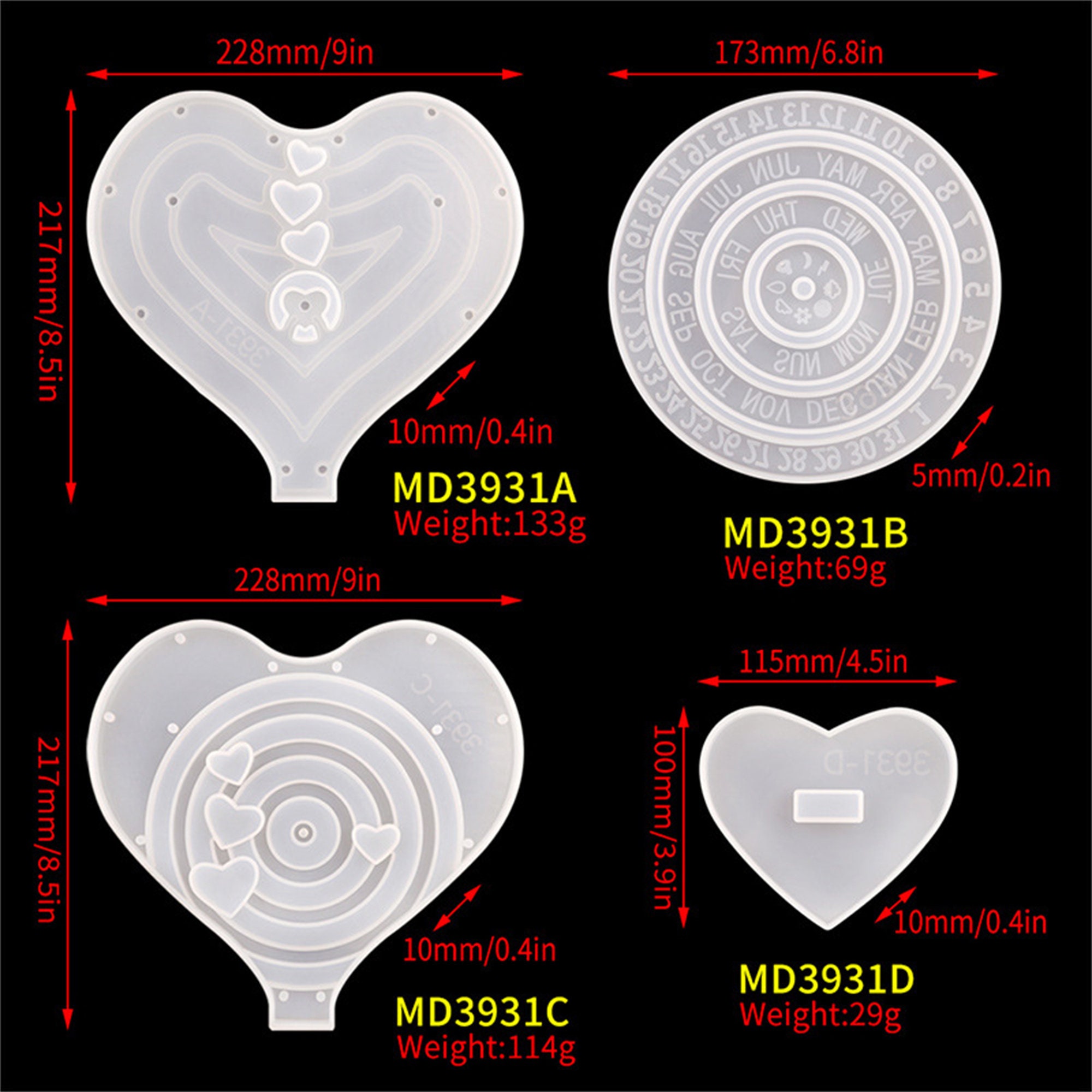 Moon/heart Perpetual Calendar Silicone Mold Day Week Month Annual ...