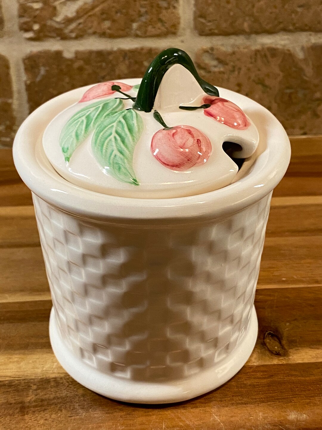 Vintage White Checkered & Cherry Patterned Ceramic Pottery Jam/sugar ...