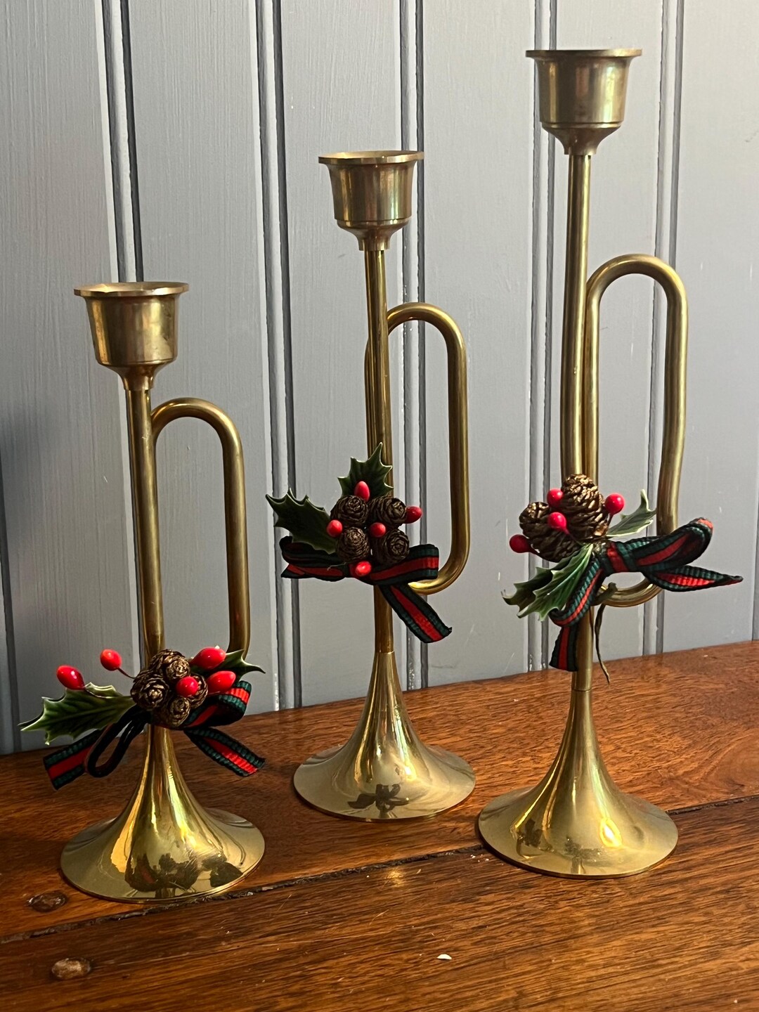 Set of 3/vintage Solid Brass Trumpet, Bugle, Horn Holiday/christmas ...