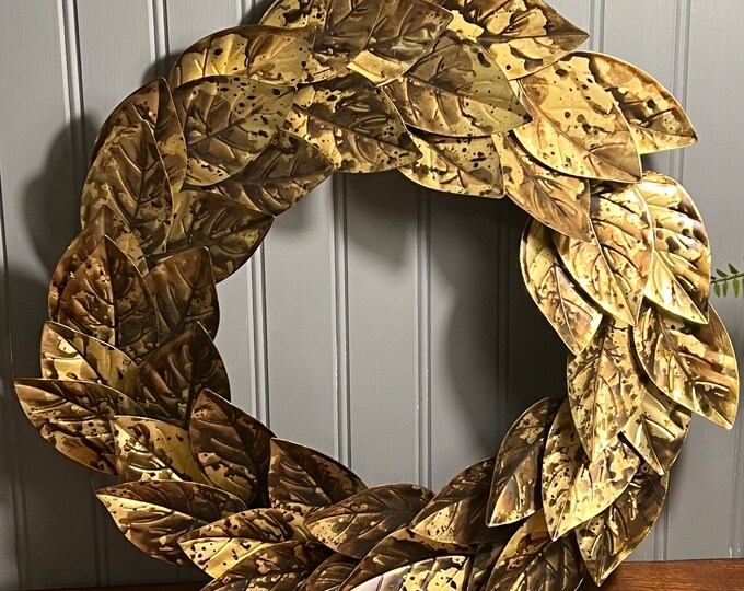 Lovely 16 Wide Antique Gold Metal Magnolia Leaf Wreath With Hanging ...