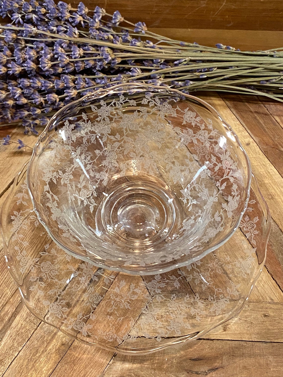 Set of 2/Vintage Rose Patterned Etched Clear Glass Plate & | Etsy