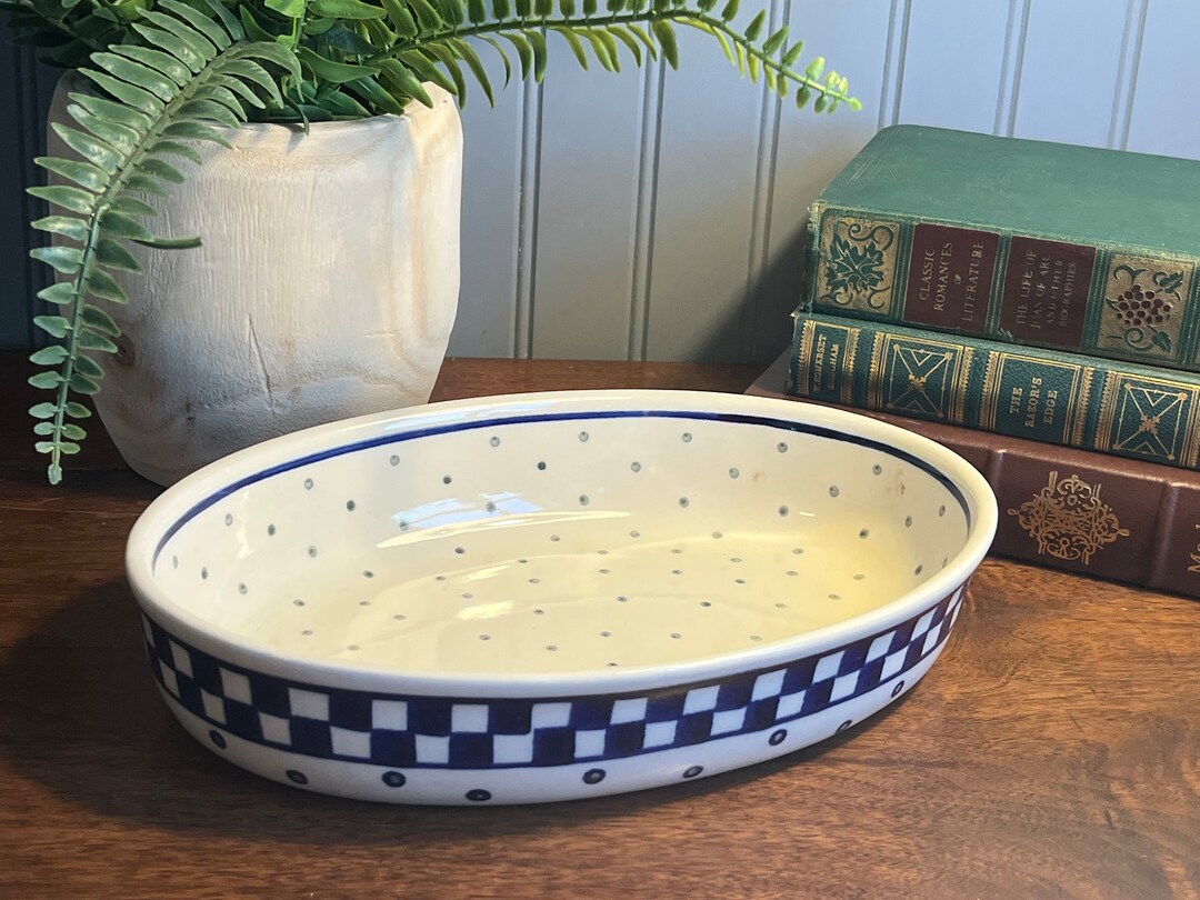 Handmade Polish Pottery Green Polka Dotted and Blue Checkered Oblong ...