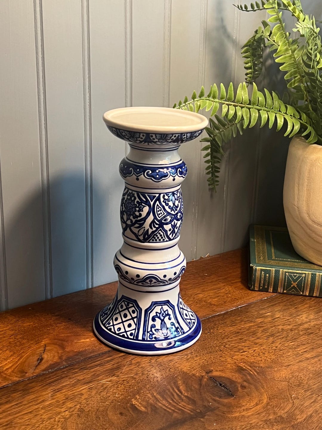 Hand-painted Bistro Blue Striped & White Floral Glazed Clay Pillar ...