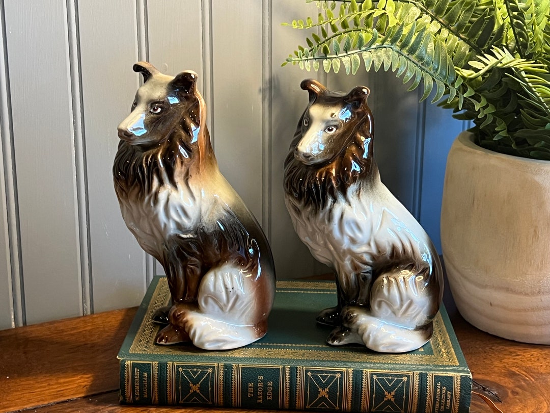 Set of 2/vintage Ceramic Glazed White, Black, and Tan Collie Dog ...