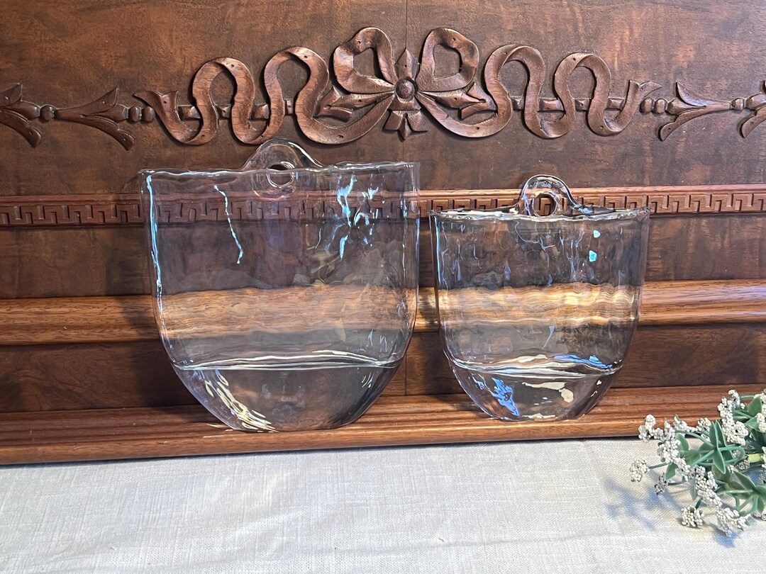 Set of 2/vintage Clear Glass Wall Pocket Vase/planters ~ Cottagecore ...