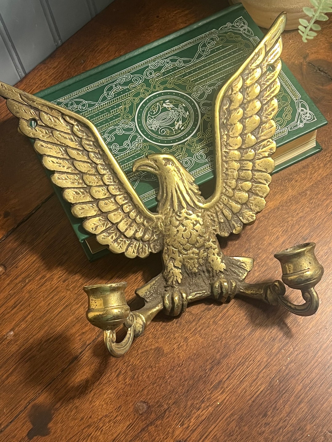 Vintage Solid Brass 10" Wide Bald Eagle Double Candlestick Sconce ...