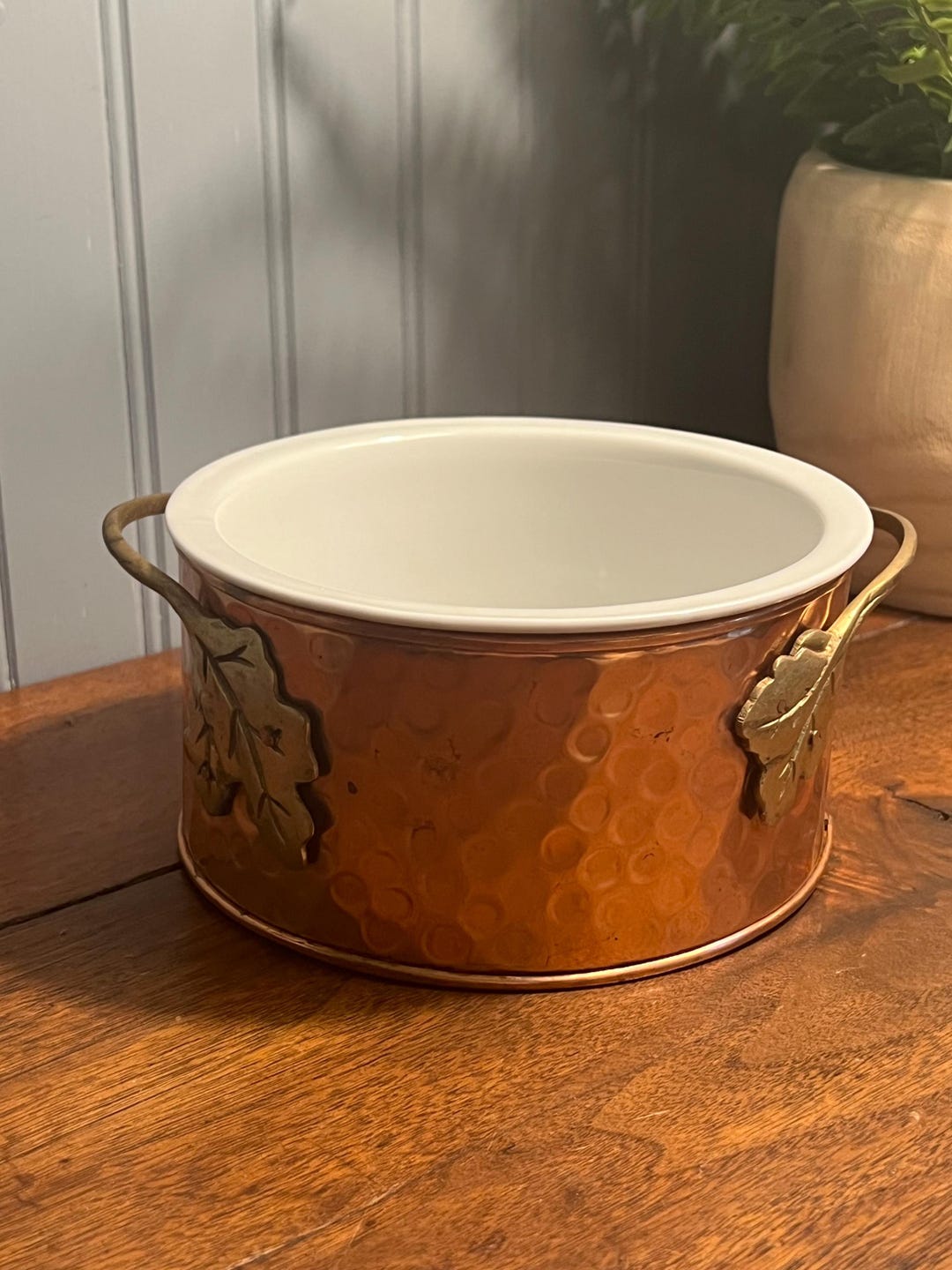 Vintage Teleflora Hammered Copper & Brass Handled Ceramic Casserole ...