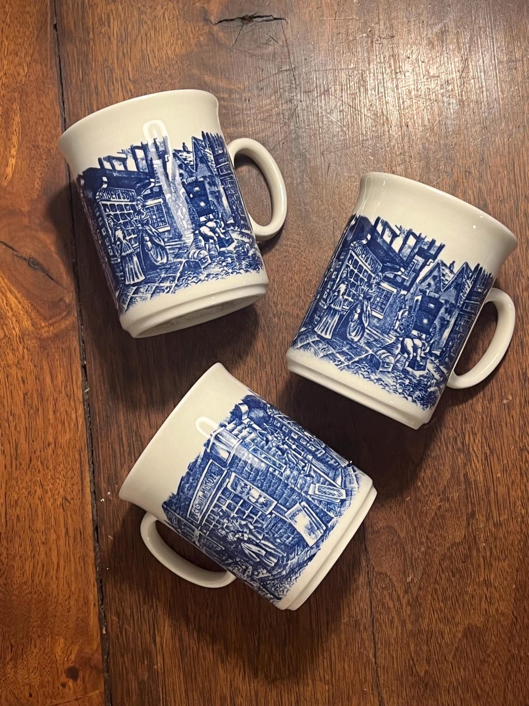 Set of 3/vintage EIT England Blue & White Colonial Scene Coffee Mugs ...