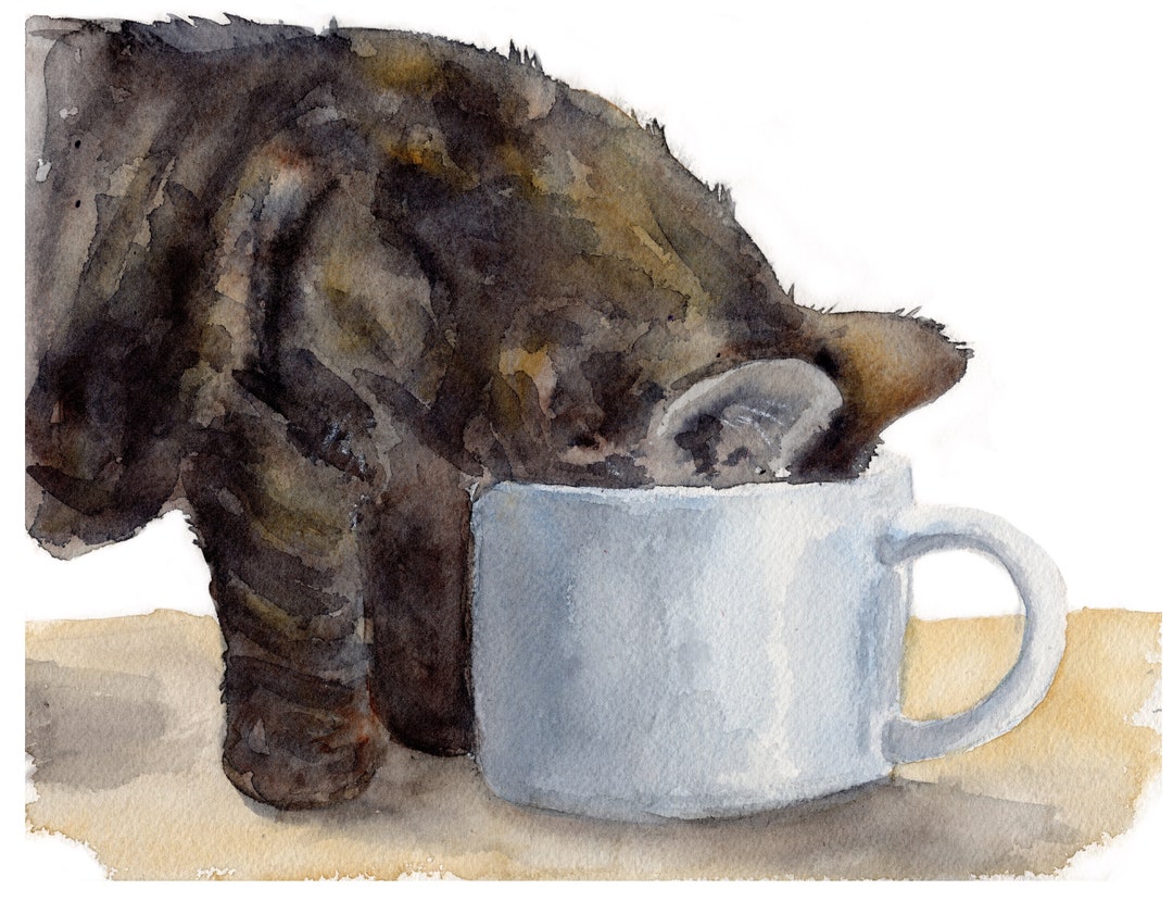 Cat Art, Coffee Art, Tabby Cat Artwork, Cat Lover, Watercolor Print ...