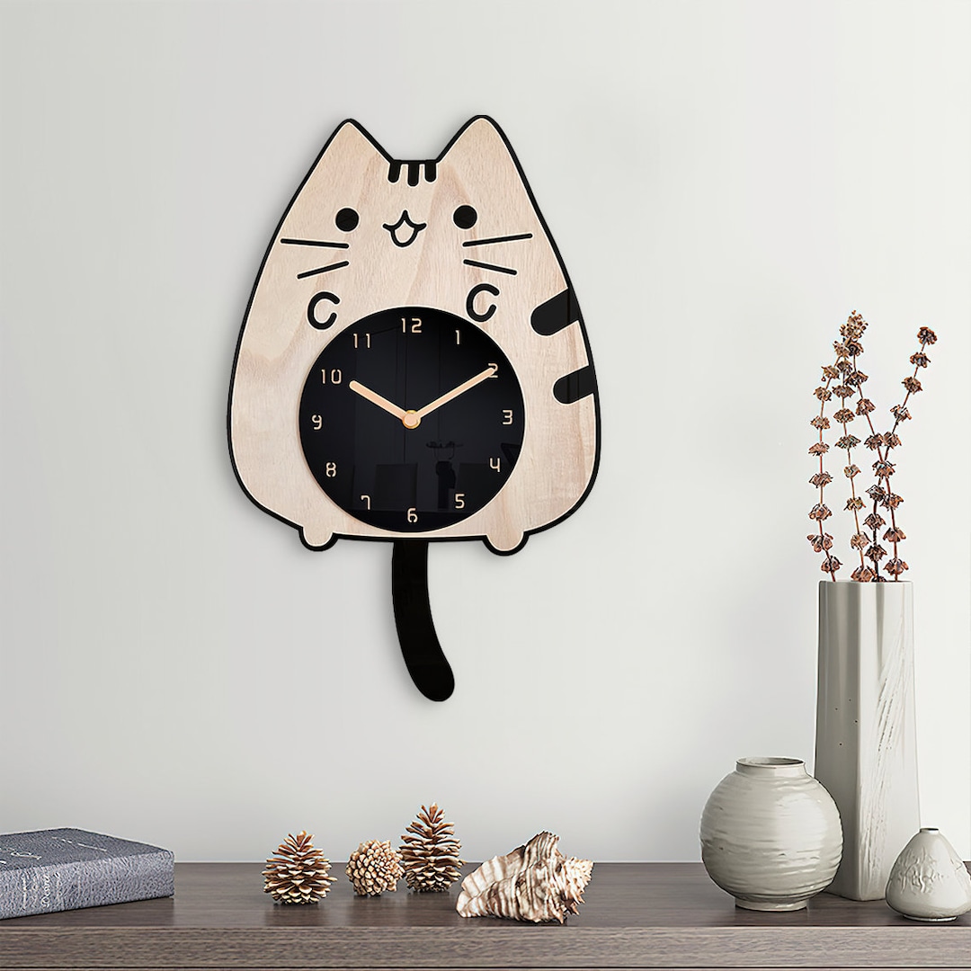 Cute Cat Wall Clock Large Metal & Wood Wall Clock Silent - Etsy