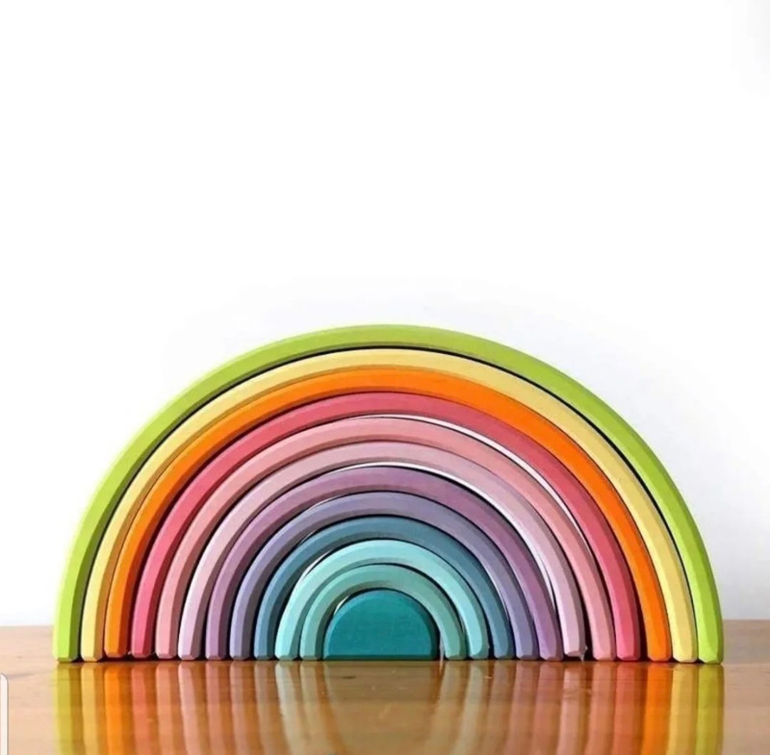 Wooden 12-peice Rainbow Stacking Montessori Toy in Pastel Wooden ...