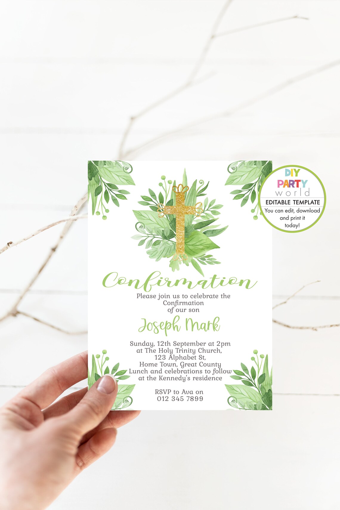 Editable Confirmation Invitation, Printable Customizable Greenery Gold ...